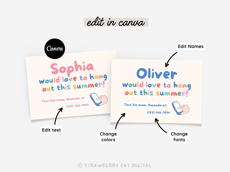 Editable Playdate Contact Cards Template | Kids Contact Card | End of ...