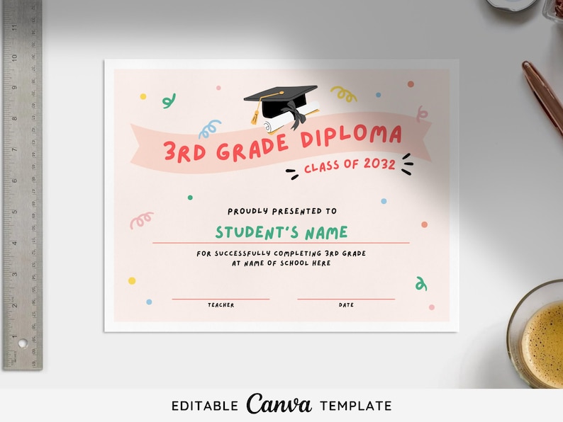 Editable Elementary School Grade Diploma Template | Custom Graduation ...