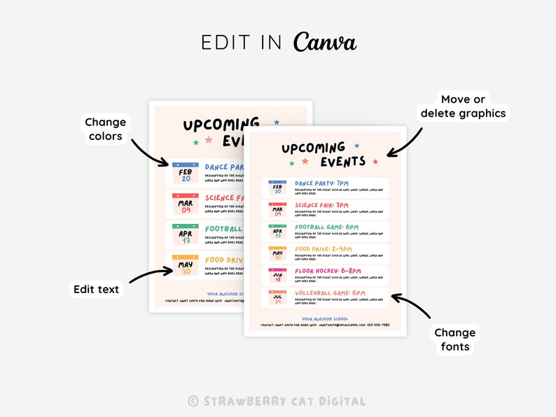 Editable Upcoming Events School Canva Template Digital Flier Calendar ...