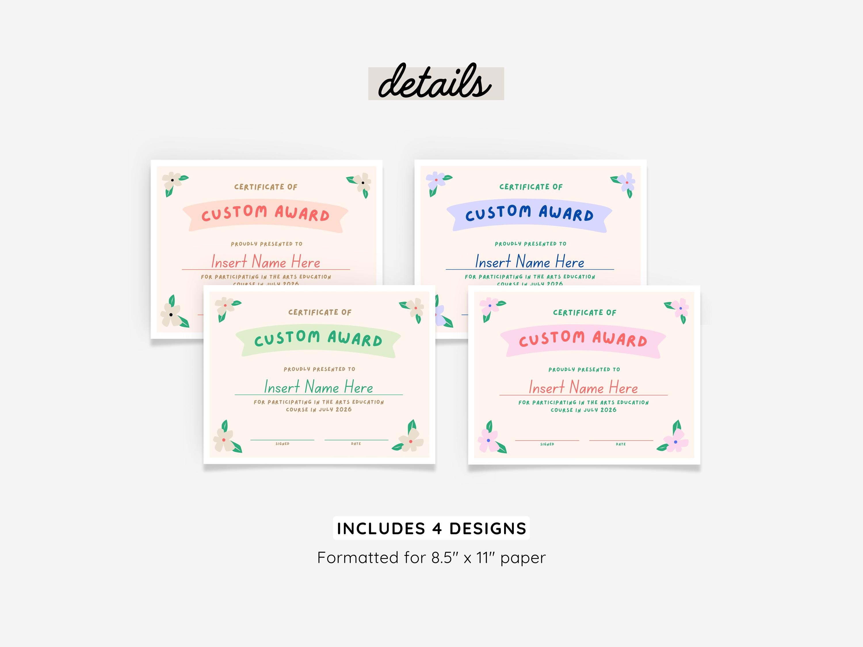 Custom Award Certificate Floral Canva Template Bundle | Editable ...