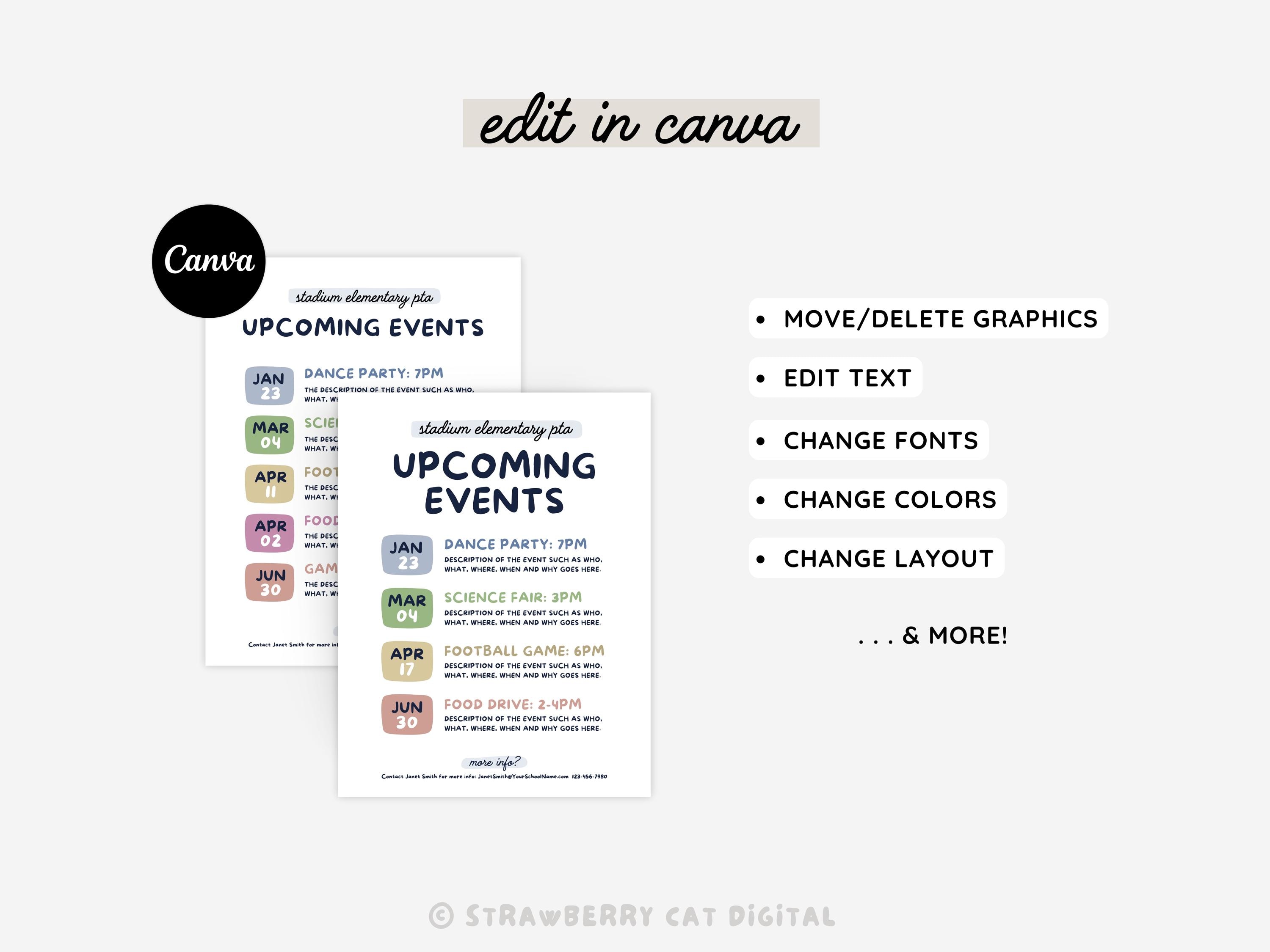 Editable Upcoming Events School Natural Tones Canva Template | Digital ...