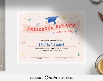 Editable Elementary School Grade Diploma Template | Custom Graduation ...