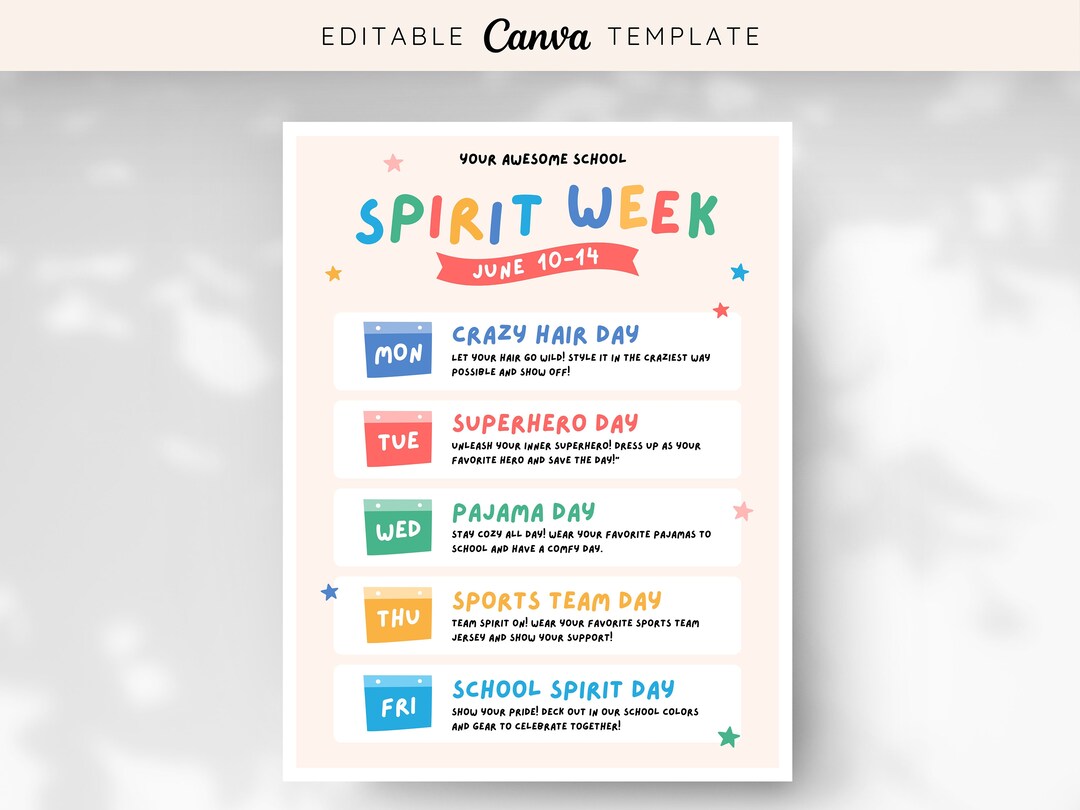 Editable Spirit Week Template Canva Template End of Year Spirit Week ...
