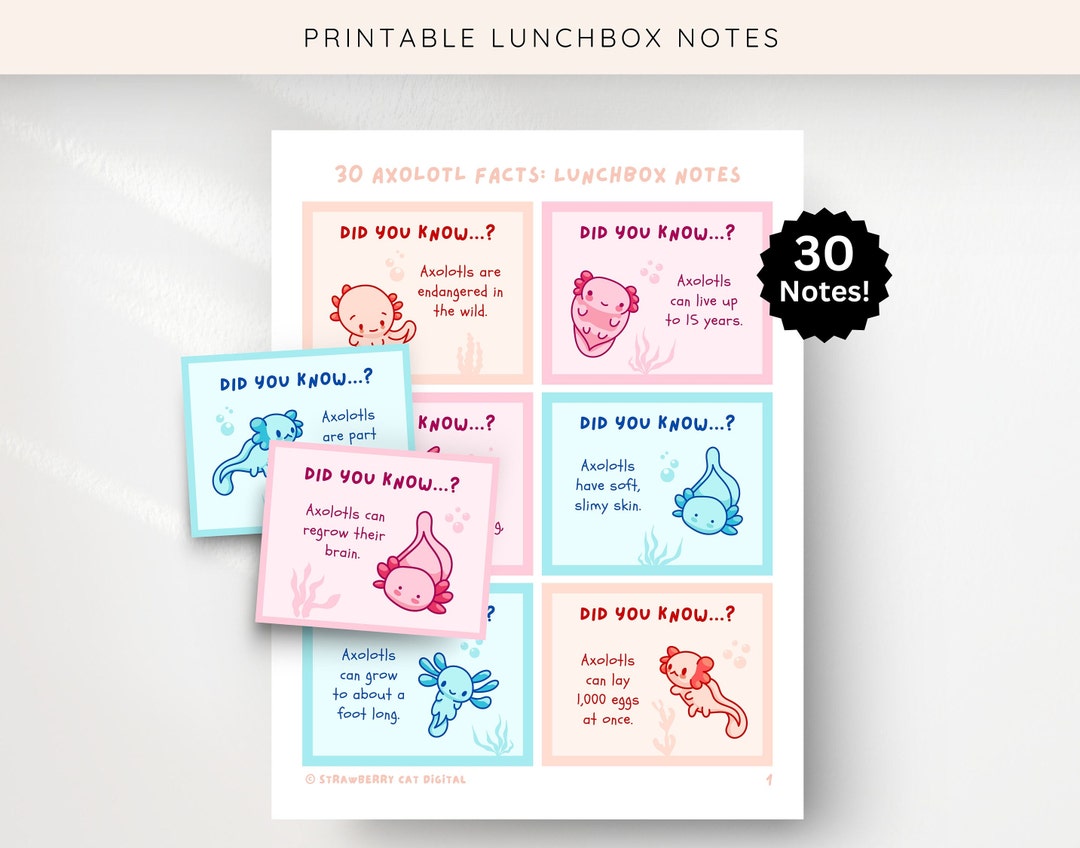 Axolotl Facts Lunchbox Notes PRINTABLE Lunch Notes for Kids Animal ...