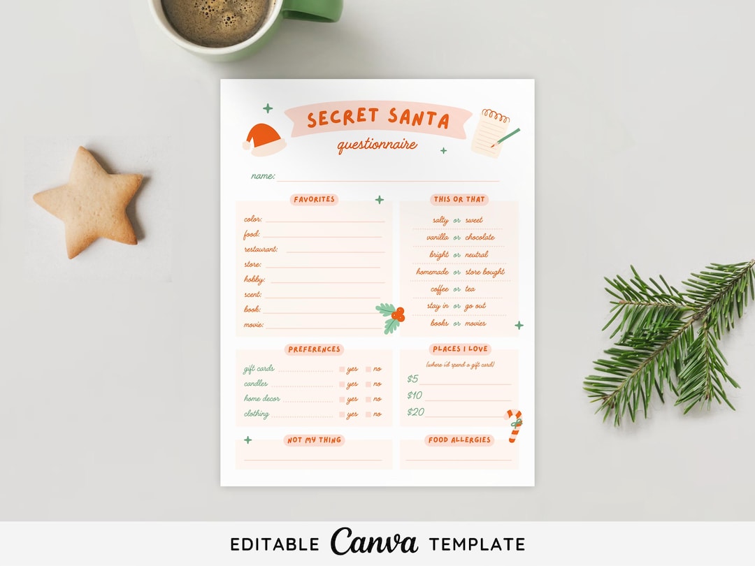 Editable Secret Santa Questionnaire Template | Christmas Gift Exchange ...