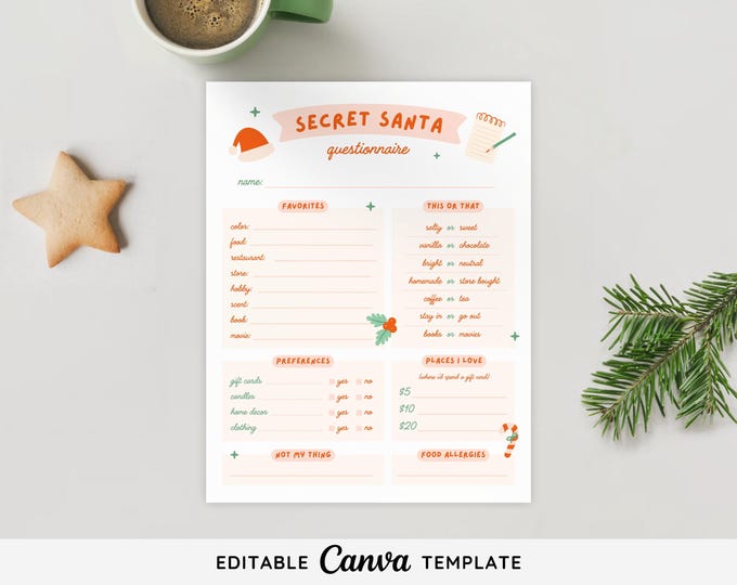 Secret Santa Questionnaire for Kids Christmas Party Gift Exchange Gift ...