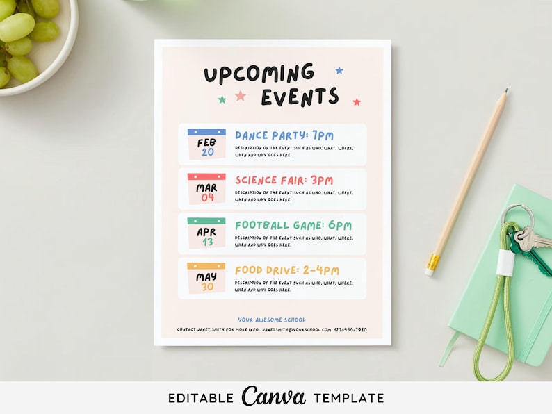 Editable Upcoming Events School Canva Template | Digital Flier ...
