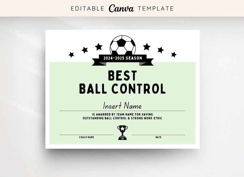 Editable Soccer Certificate End of Season Award Canva Template Digital ...