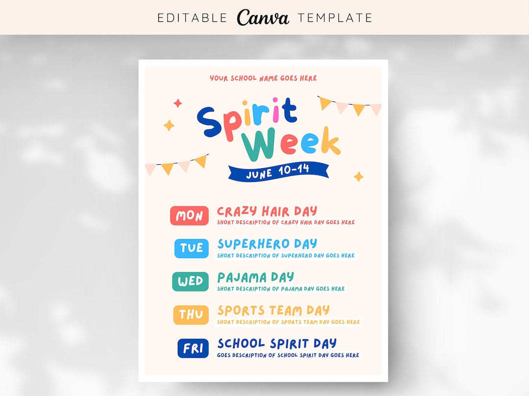 Editable Spirit Week Template Canva Template End of Year Spirit Week ...