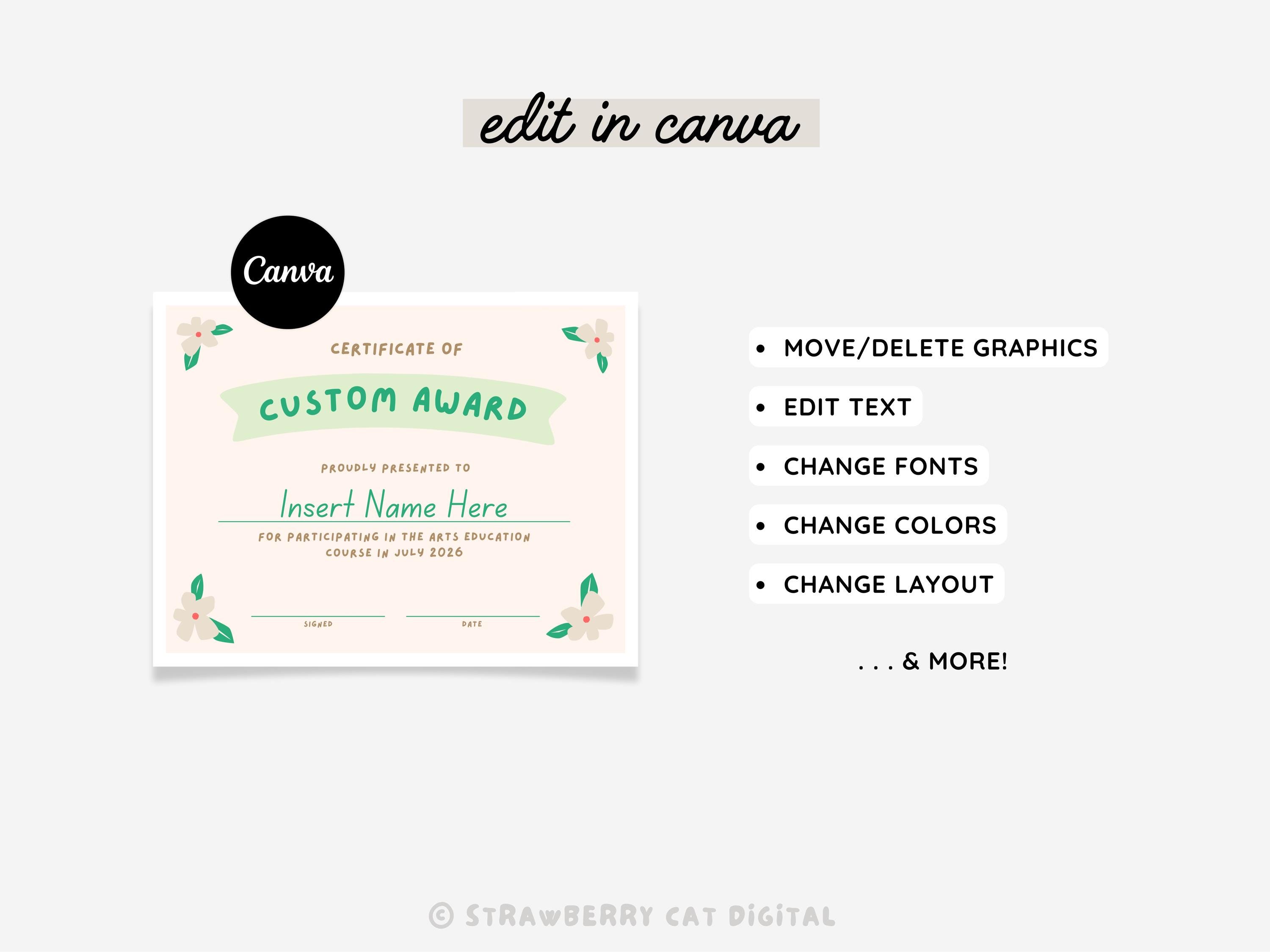 Custom Award Certificate Floral Canva Template Bundle | Editable ...