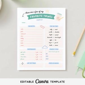 Editable Favorite Things Questionnaire Template | Gift Exchange Survey ...