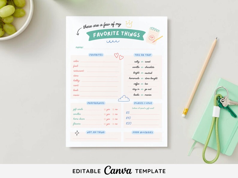 Editable Favorite Things Questionnaire Template | Gift Exchange Survey ...