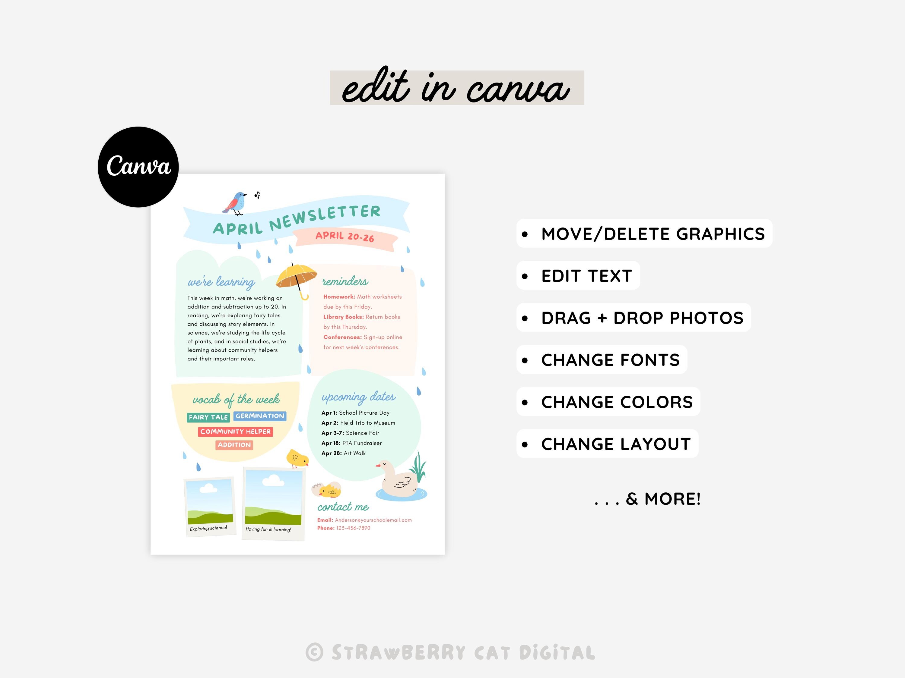 Editable April Newsletter Template | Easter Newsletter Monthly PTA PTO ...