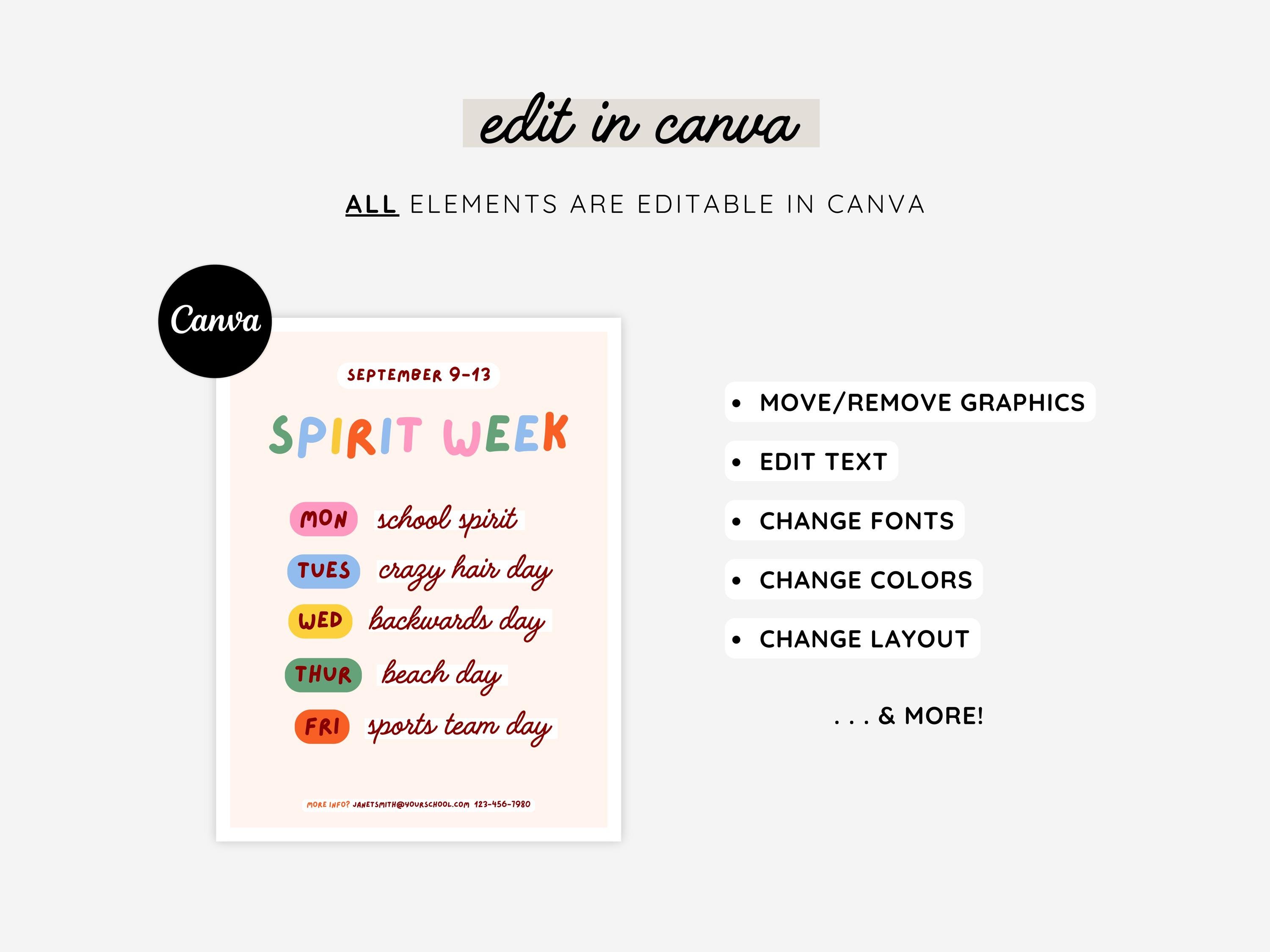 Editable Spirit Week Canva Template | Back to School Spirit Week ...