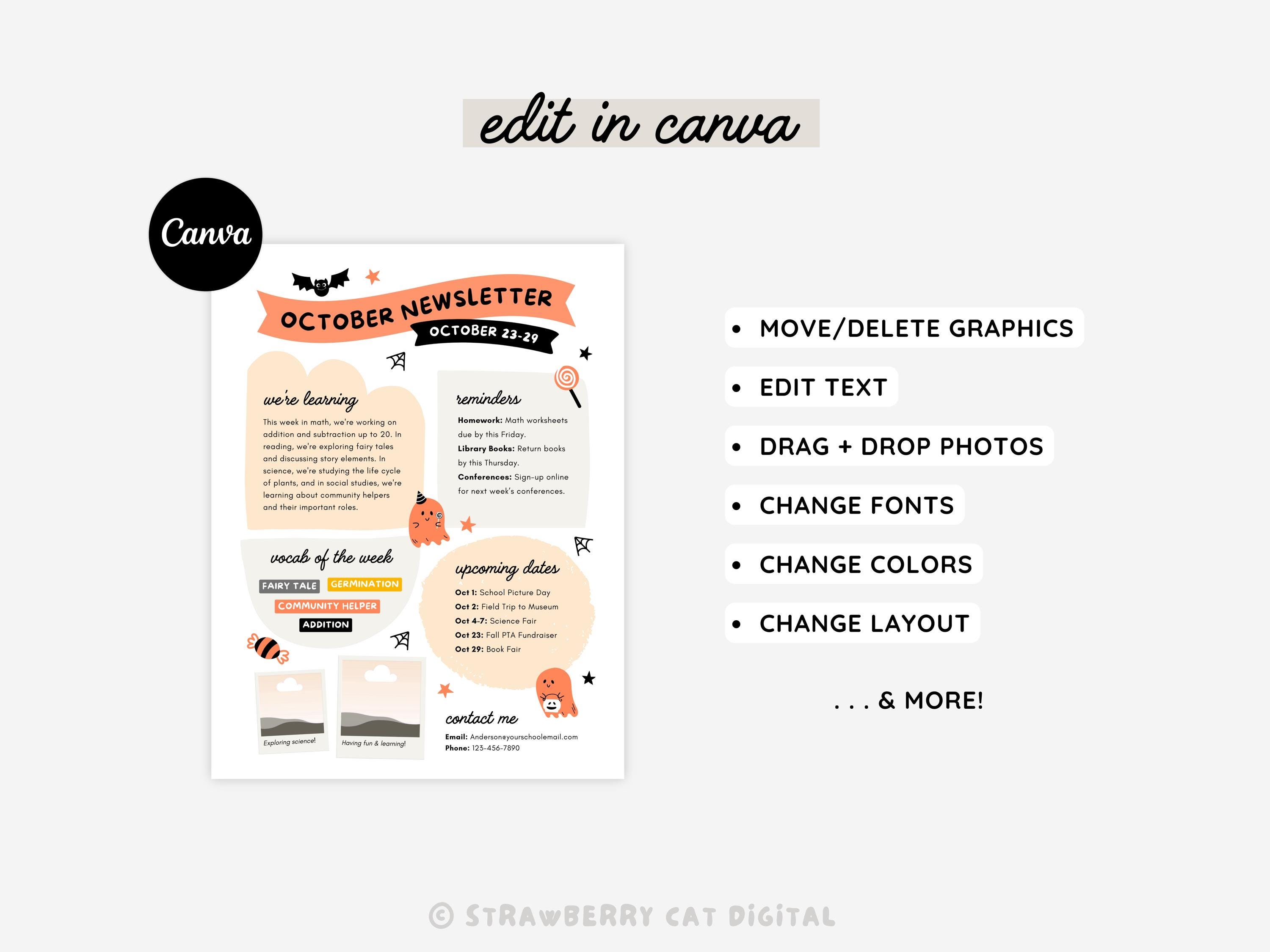 Editable October Newsletter Canva Template | Fall Newsletter Monthly ...