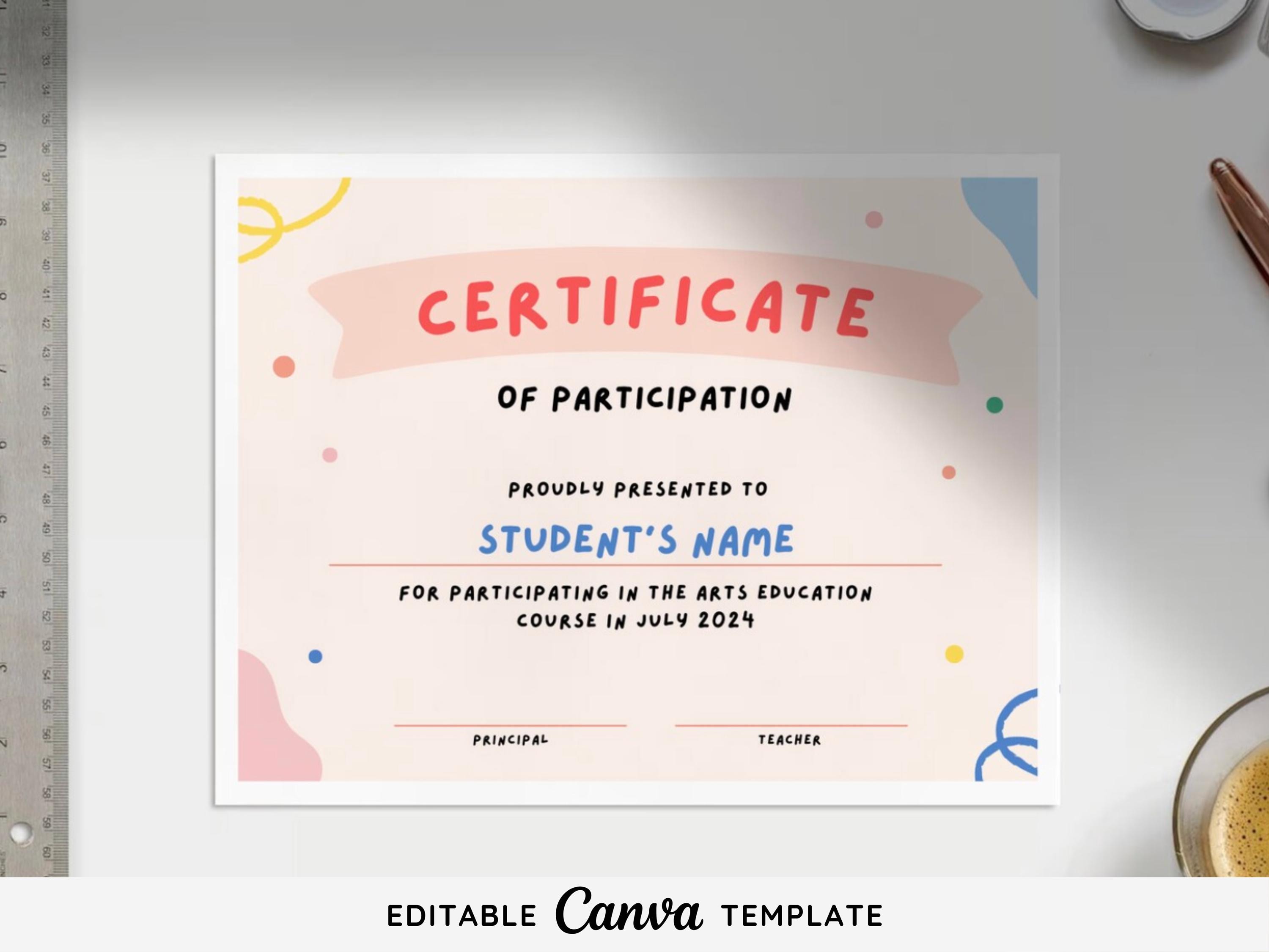 Student Participation Certificate Canva Template | Editable Digital ...