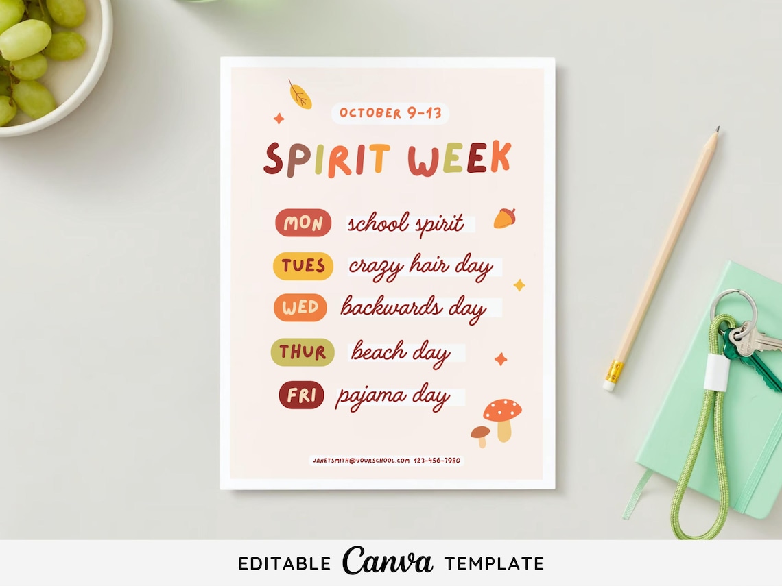 Editable Fall Spirit Week Canva Template | Back to School Spirit Week ...