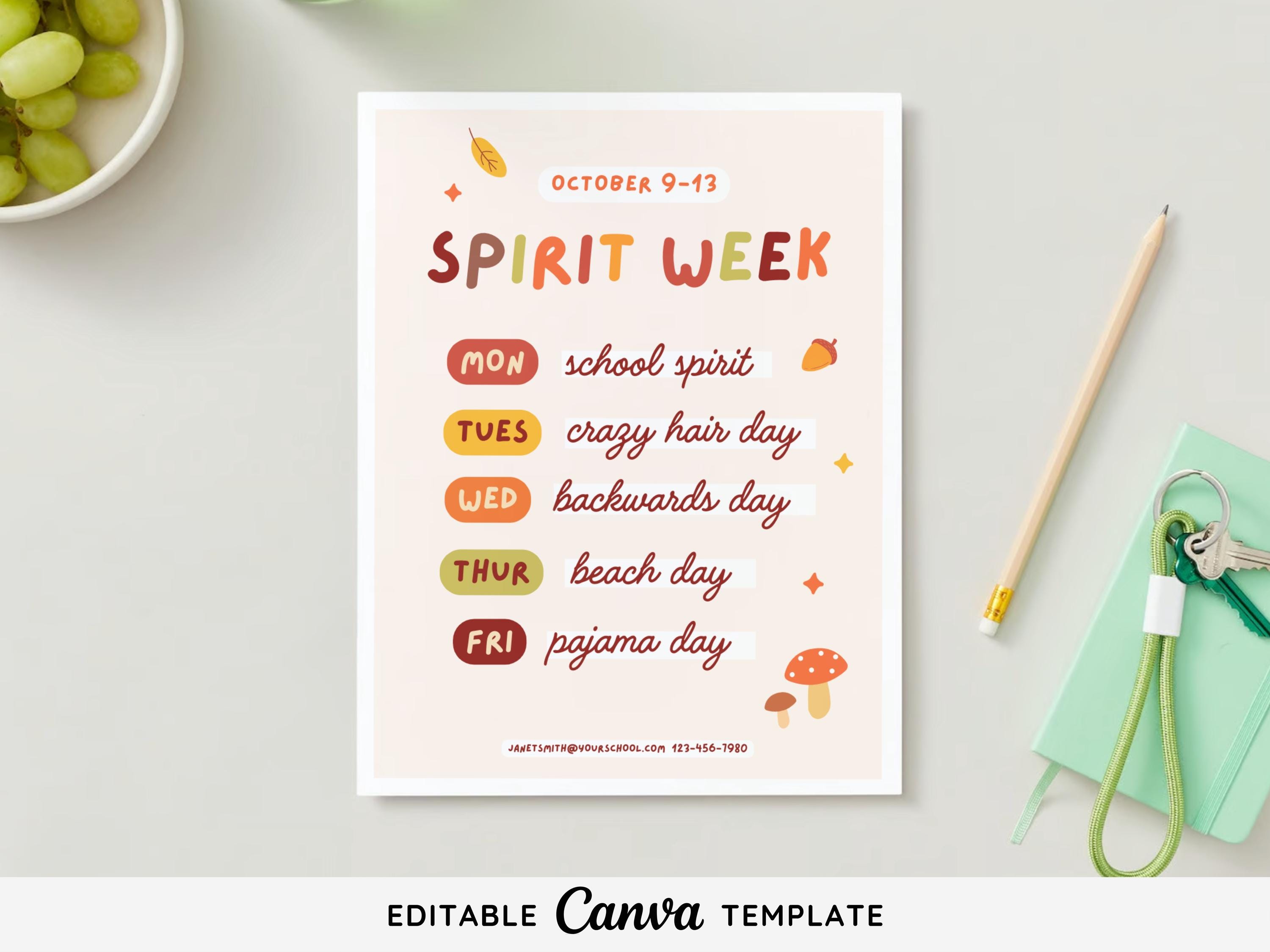 Editable Fall Spirit Week Canva Template | Back to School Spirit Week ...
