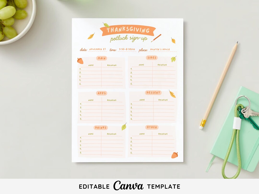 Editable Thanksgiving Potluck Sign up Sheet Printable L Potluck Sign up ...