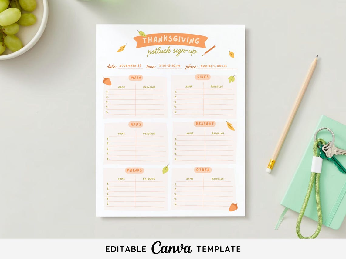 Editable Thanksgiving Potluck Sign up Sheet Printable L Potluck Sign up ...