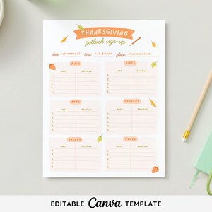Editable Thanksgiving Potluck Sign up Sheet Printable L Potluck Sign up ...