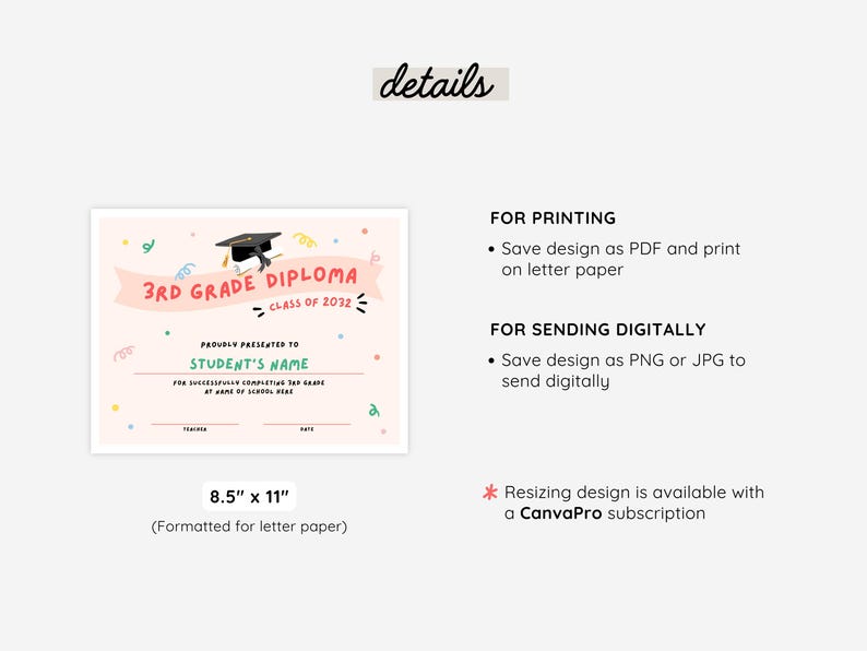 Editable Elementary School Grade Diploma Template | Custom Graduation ...