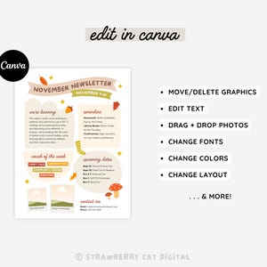 Editable November Newsletter Canva Template | Fall Newsletter Monthly ...