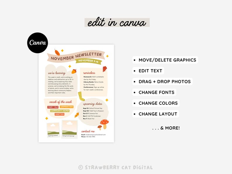 Editable November Newsletter Canva Template | Fall Newsletter Monthly ...