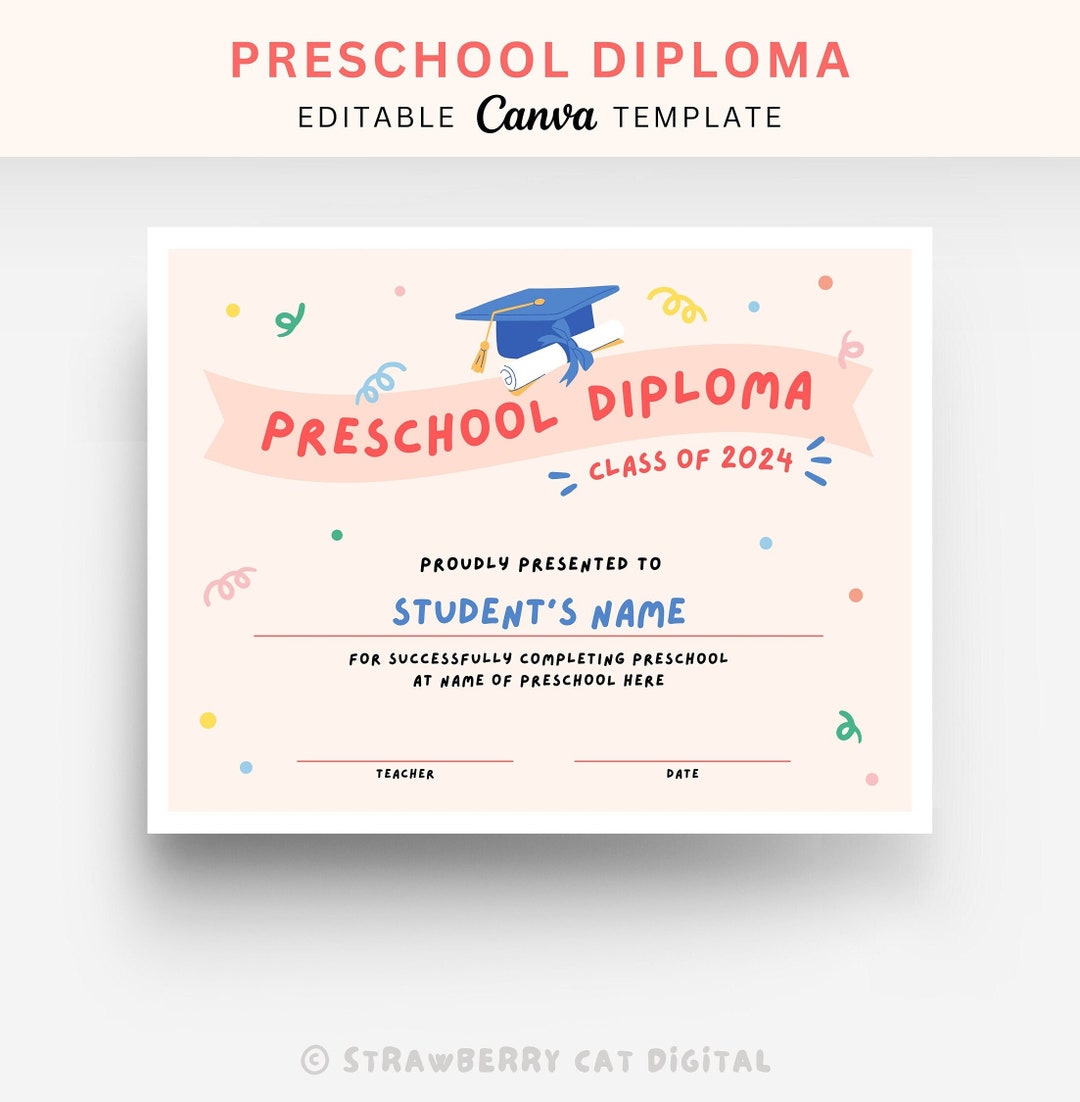 Editable Preschool Diploma Printable Graduation Certificate Canva ...