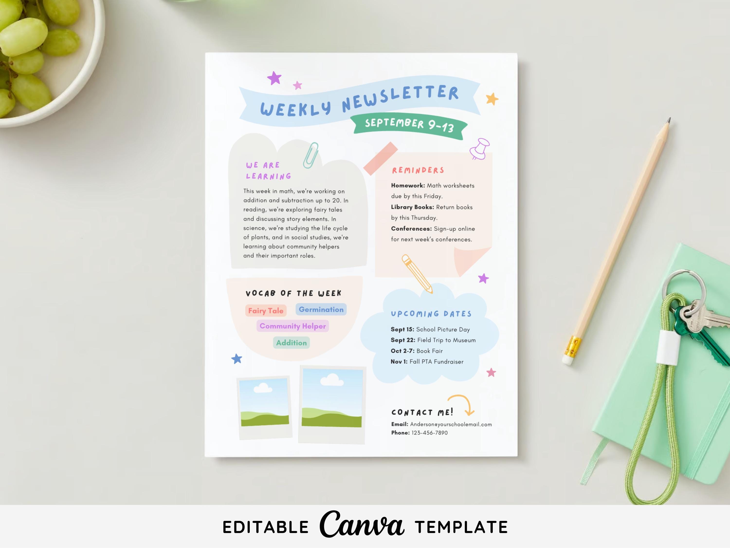 Editable Weekly Newsletter Bright Hues Canva Template | Monthly ...