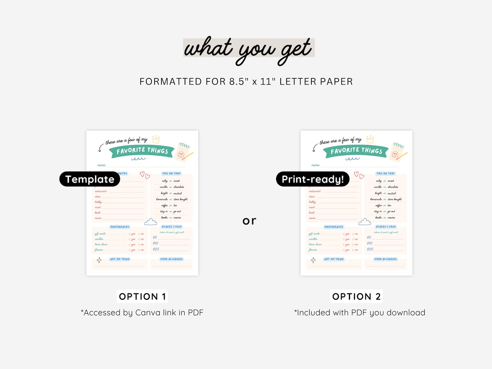 Editable Favorite Things Questionnaire Template | Gift Exchange Survey ...