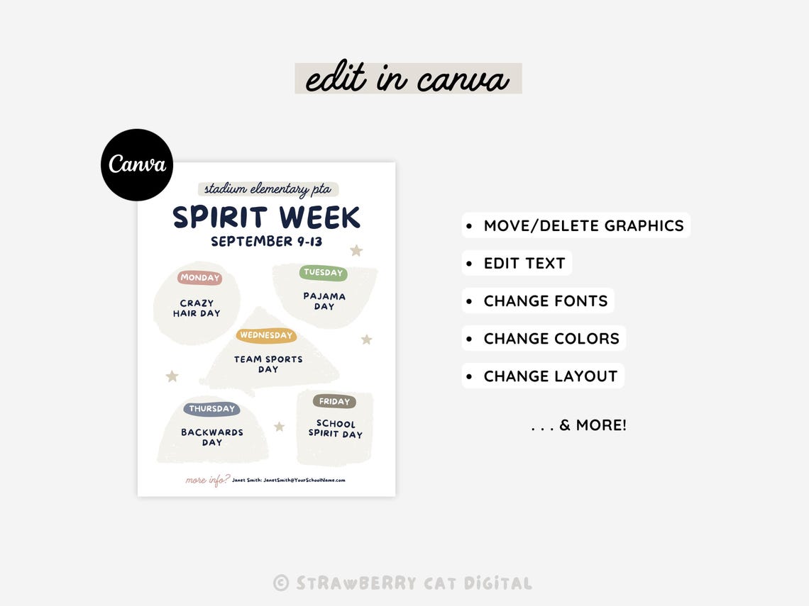 Editable Spirit Week Canva Template Natural Tones | Back to School ...