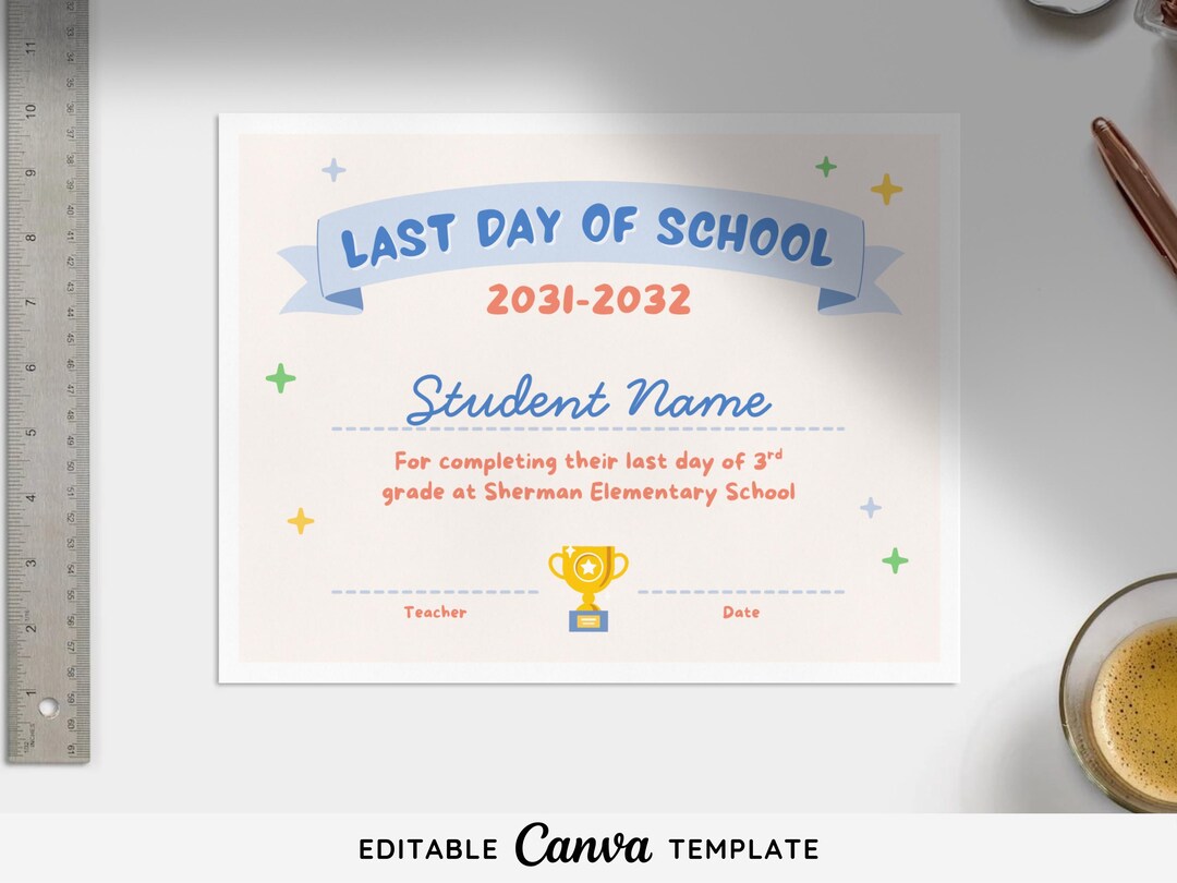Editable Last Day of School Certificate Template | End of School Year ...