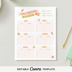Editable Fall Potluck Sign up Sheet Printable | Thanksgiving Potluck ...