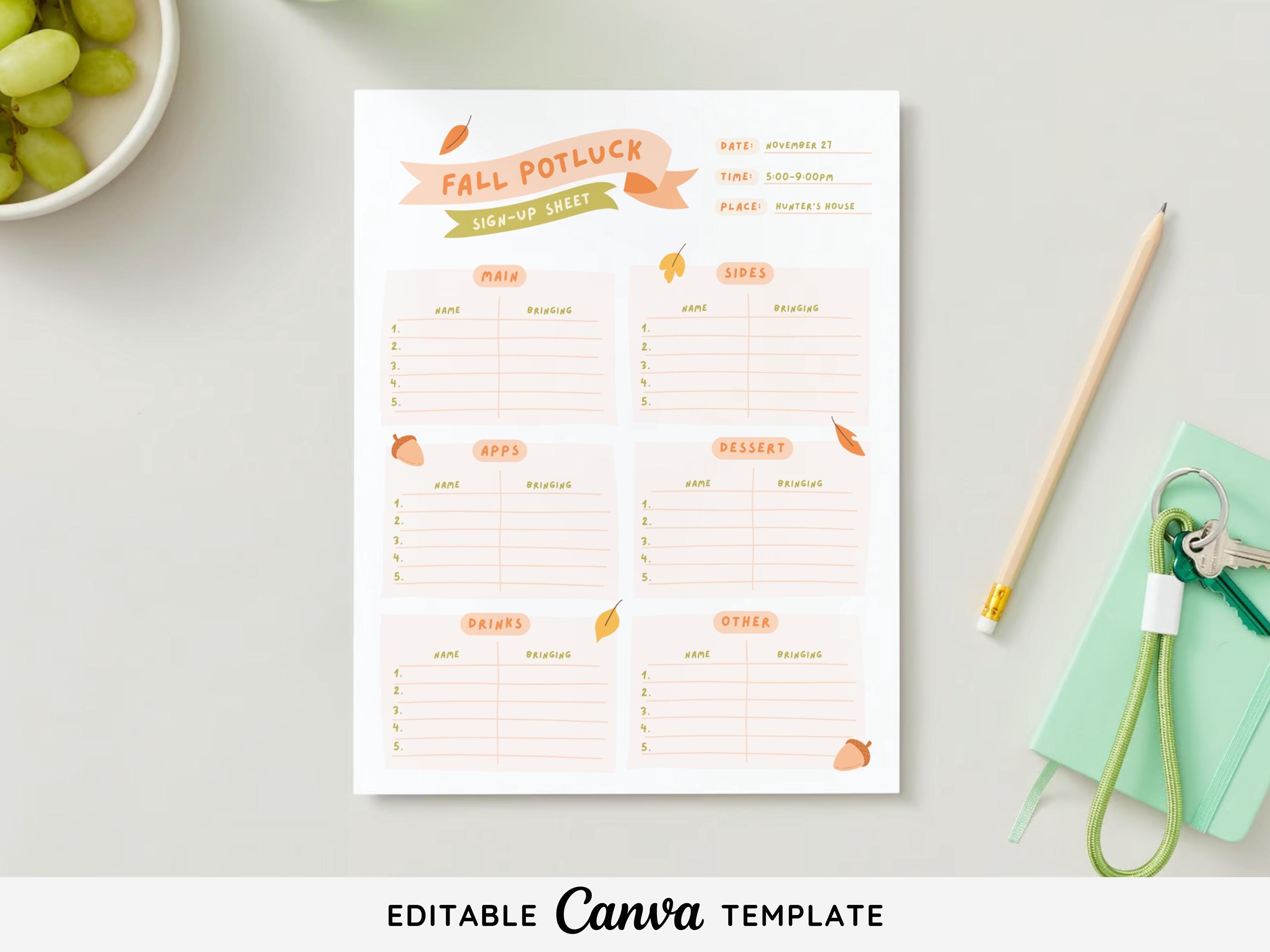 Editable Fall Potluck Sign up Sheet Printable | Thanksgiving Potluck ...
