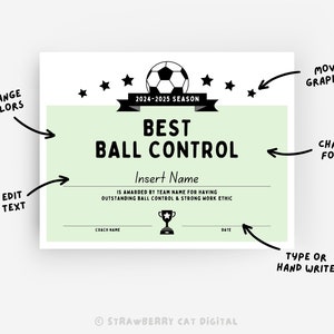 Editable Soccer Certificate End of Season Award Canva Template Digital ...