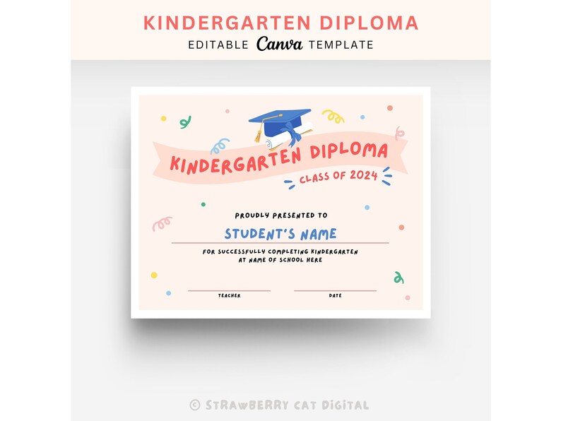 Editable Kindergarten Diploma Printable Graduation Certificate Canva