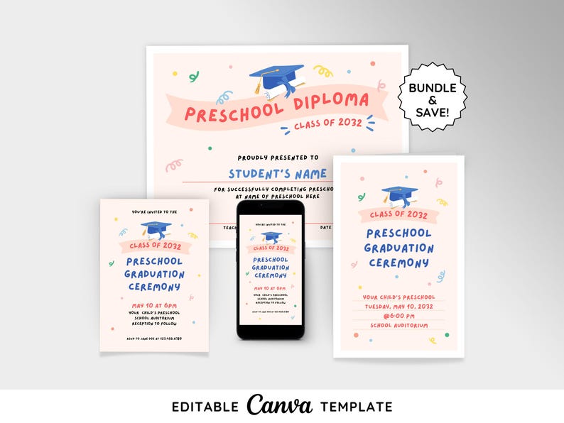 Editable Pre-k Graduation Bundle Diploma Program Text Invitation ...