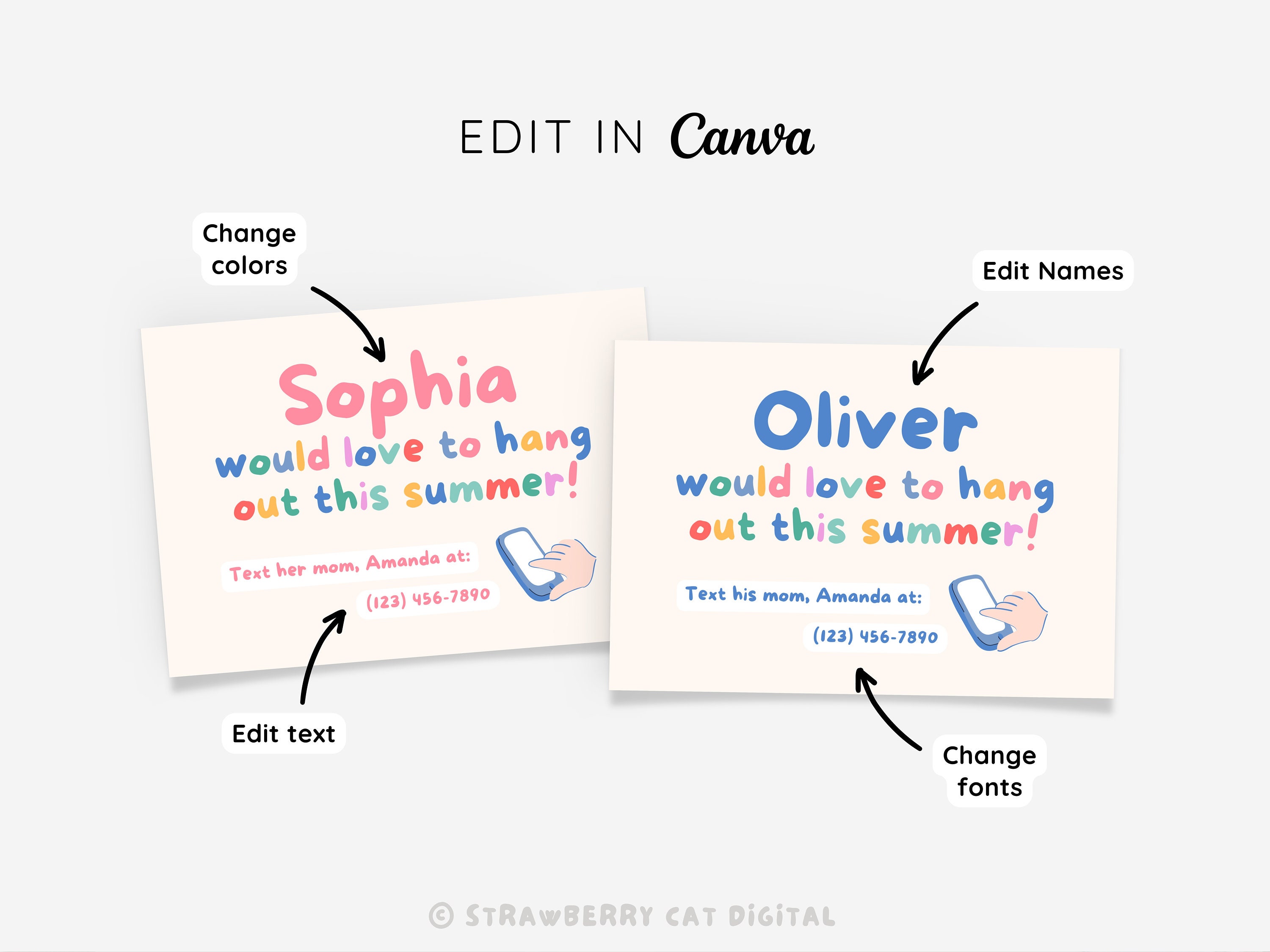 Editable Playdate Contact Cards Template Kids Contact Card End of ...