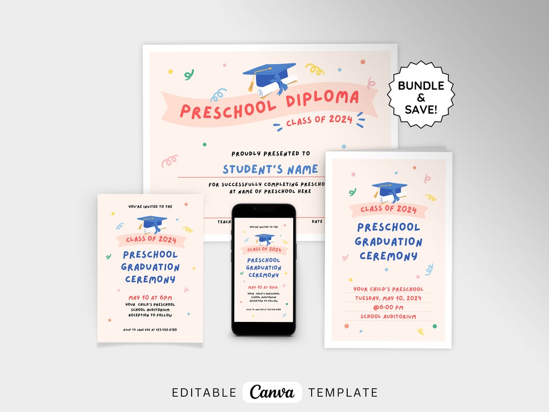 Editable Pre-k Graduation Bundle Diploma Program Text Invitation ...
