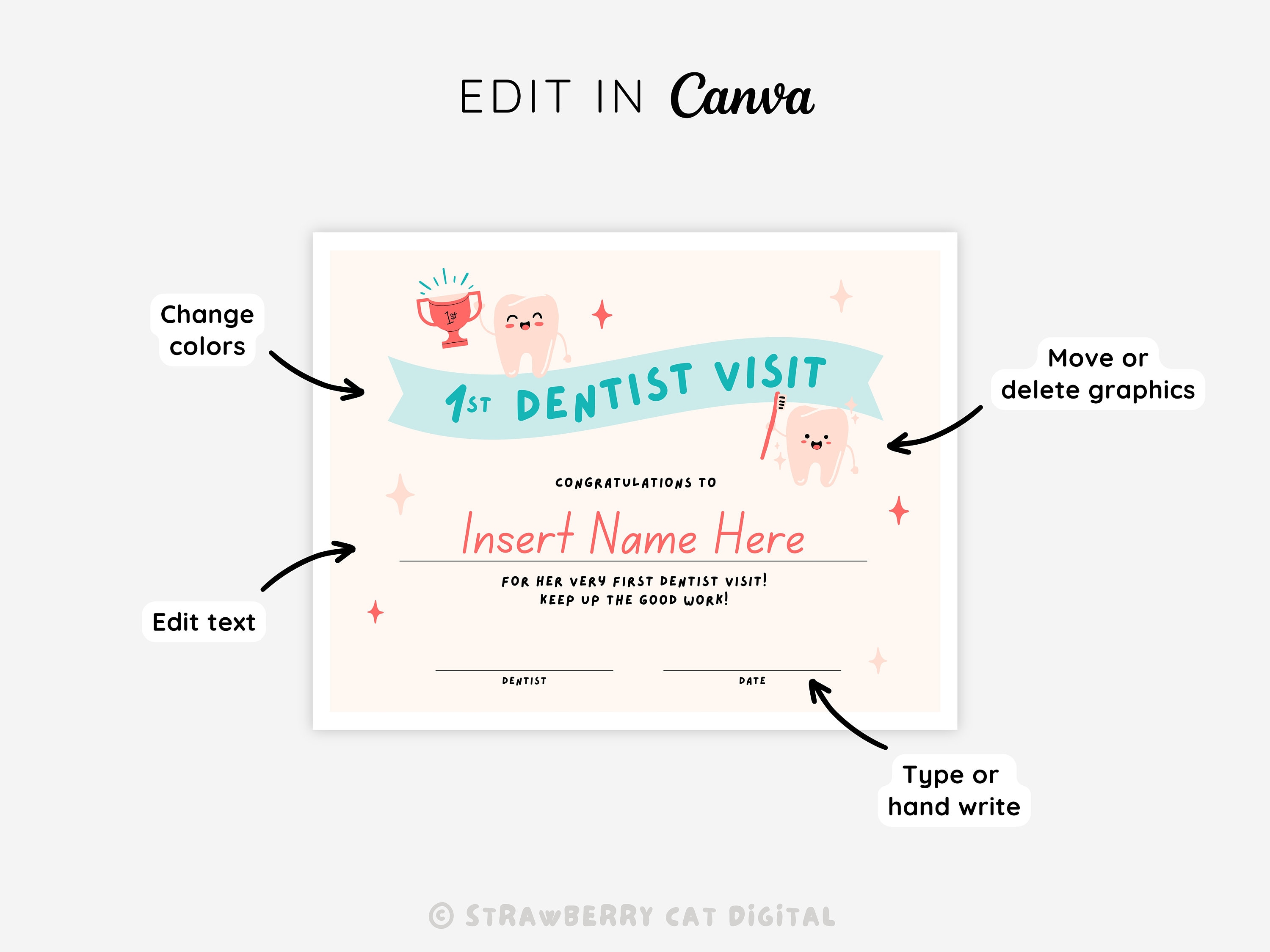 Editable First Dentist Visit Certificate Template | Canva Template ...