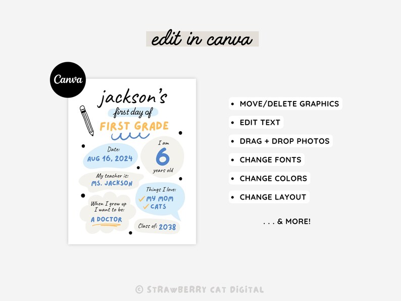 Editable First Day of School Sign Canva Template | Back to School Sign ...