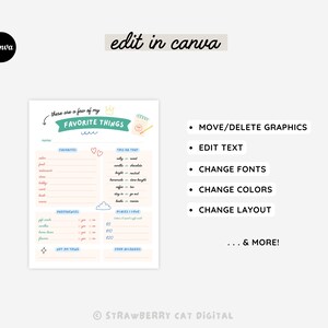 Editable Favorite Things Questionnaire Template | Gift Exchange Survey ...