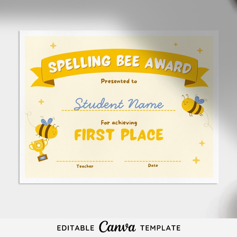 Spelling bee certificate template - Etsy México