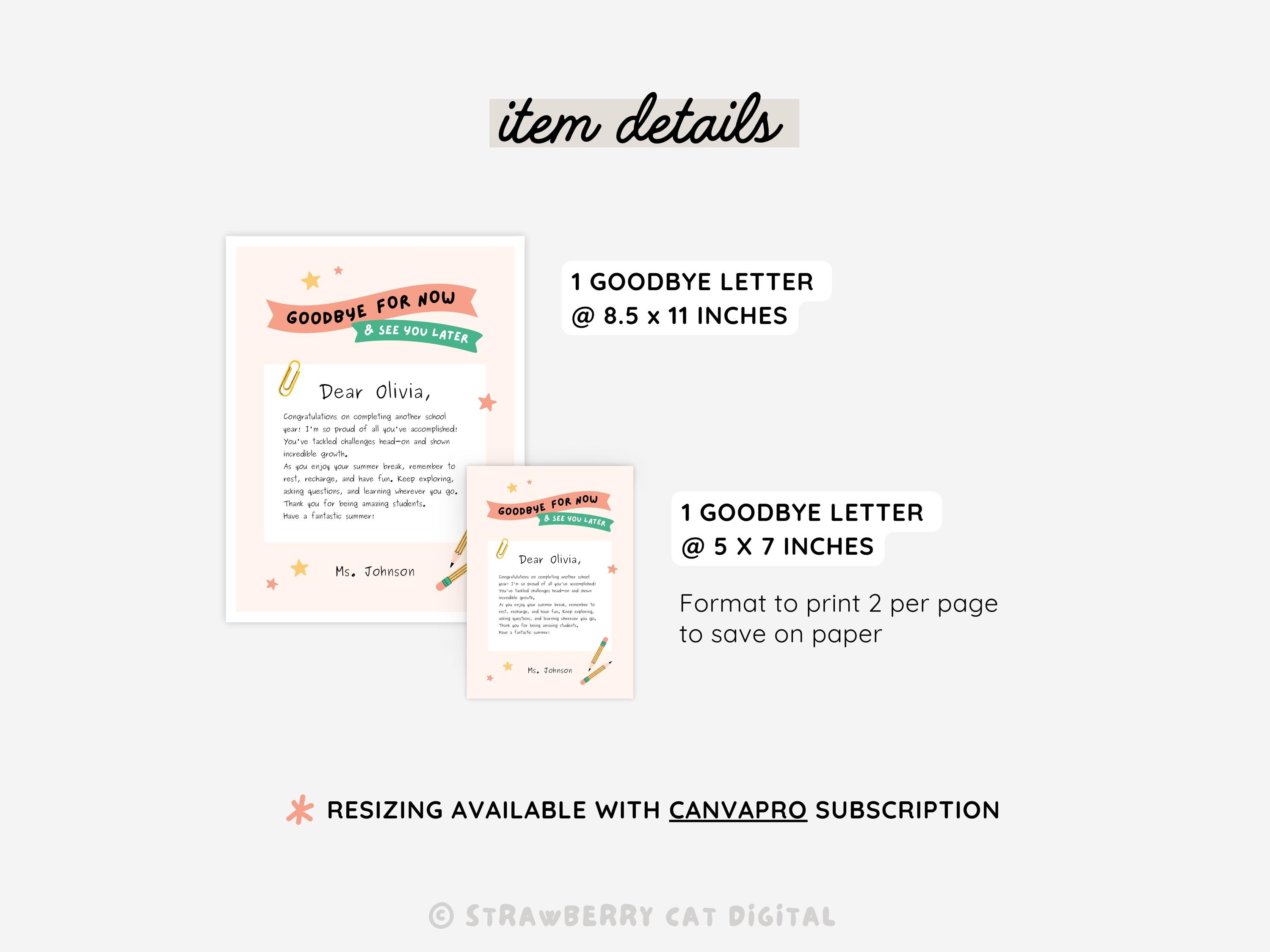 Teacher Goodbye Letter to Students Template | Teacher End of School ...