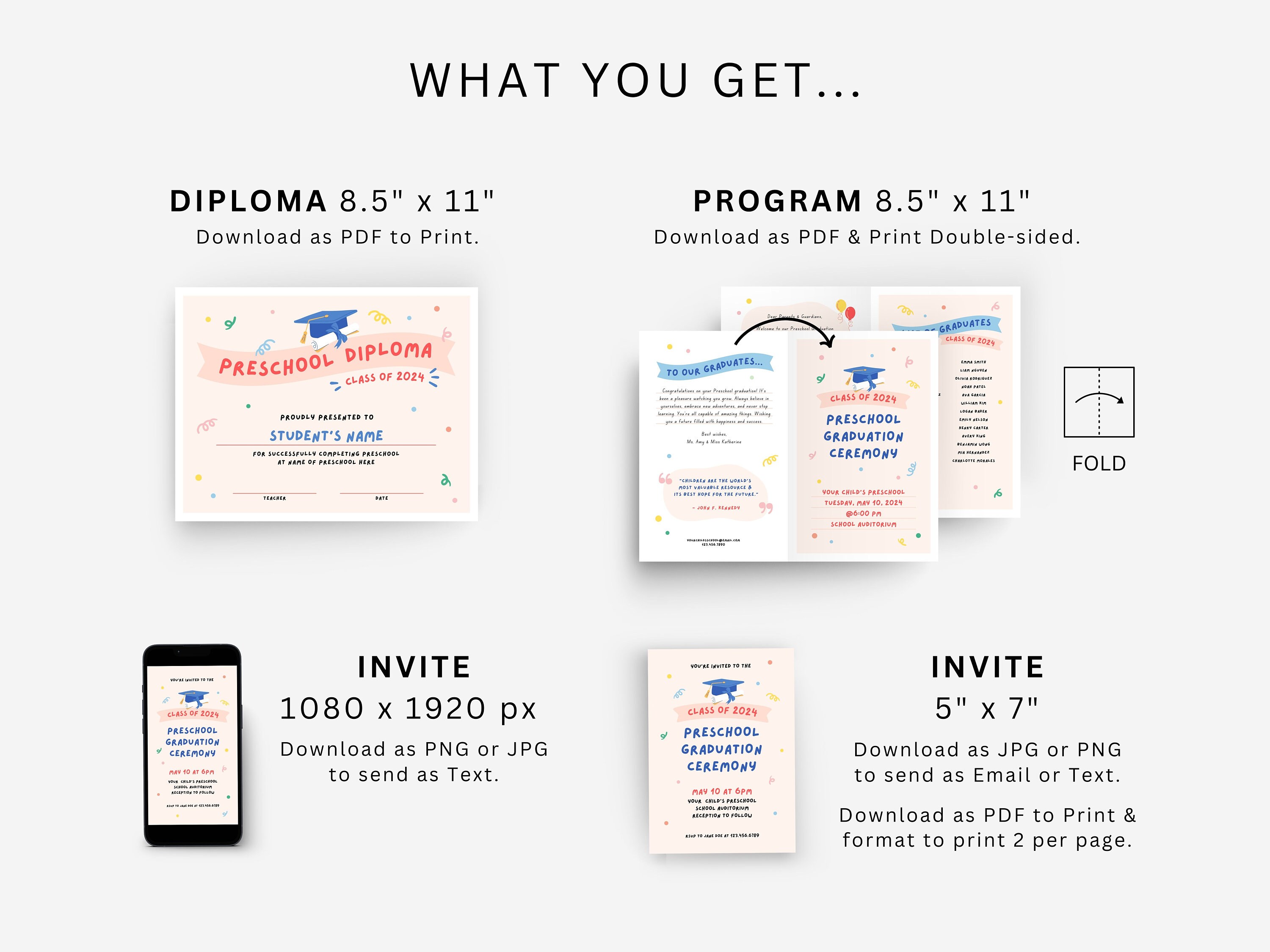 Editable Pre-k Graduation Bundle Diploma Program Text Invitation ...