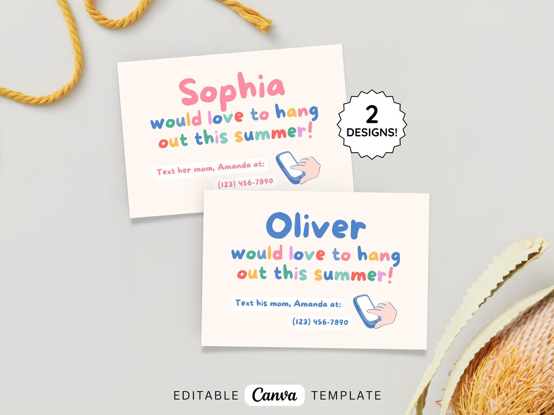 Editable Playdate Contact Cards Template Kids Contact Card End of ...