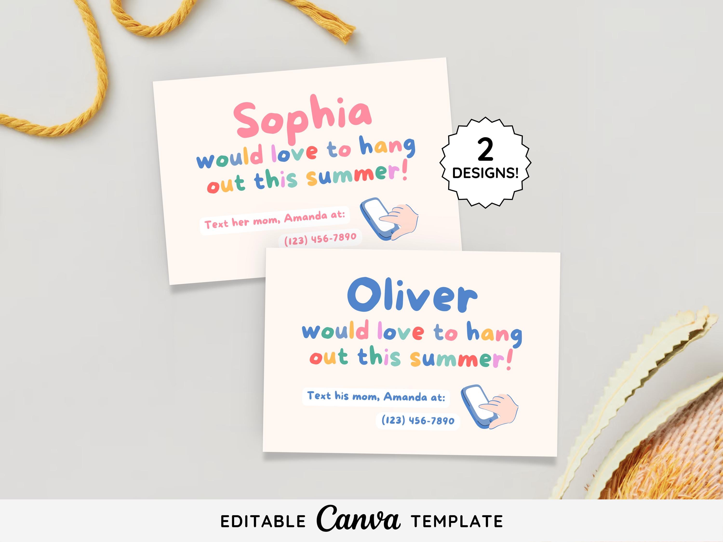 Editable Playdate Contact Cards Template | Kids Contact Card | End of ...