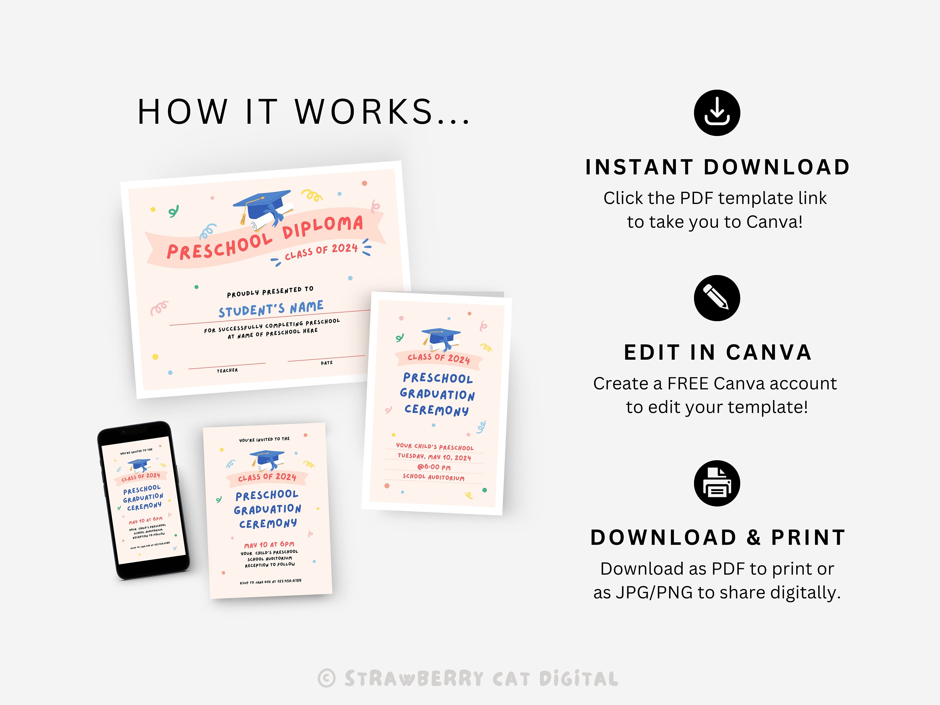 Editable Pre-k Graduation Bundle Diploma Program Text Invitation ...