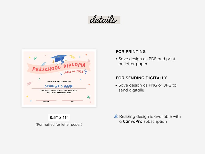 Editable Preschool Diploma Template | Printable Graduation Certificate ...